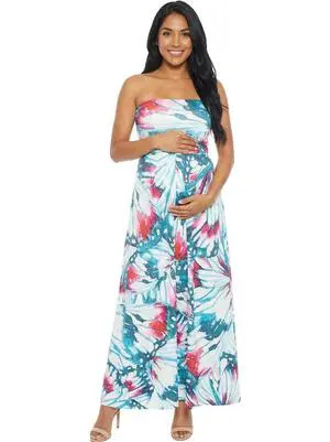 24SEVEN COMFORT APPAREL Maternity Butterfly Print A-line Strapless Maxi Dress With Pockets - Blue Multi