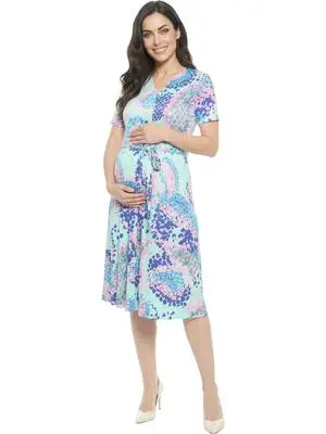 24SEVEN COMFORT APPAREL Maternity Abstract V-neck A-line Midi Dress - Blue Multi