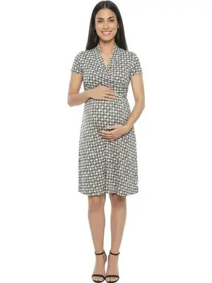 24SEVEN COMFORT APPAREL Maternity Geometric Print Faux Wrap A-line Dress - Black Multi