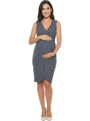 24SEVEN COMFORT APPAREL Maternity Striped Sleeveless Faux Wrap Midi Dress - Navy Multi