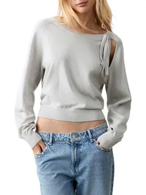 Mango Tie Neck Cotton Sweater - Medium Heather Grey