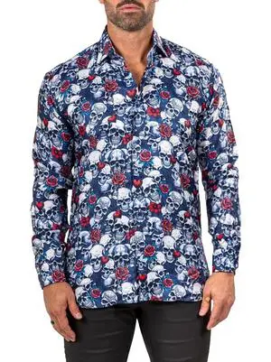 MACEOO Fibonacci Mathyr0242 Skull Print Button-up Shirt - Blue