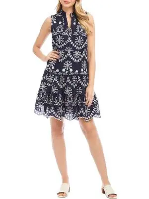 Karen Kane Eyelet Embroidered Sleeveless Tiered Cotton Dress - Navy