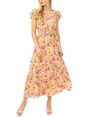CECE DUPRAZ Floral Flutter Sleeve Maxi Dress - Claret Red