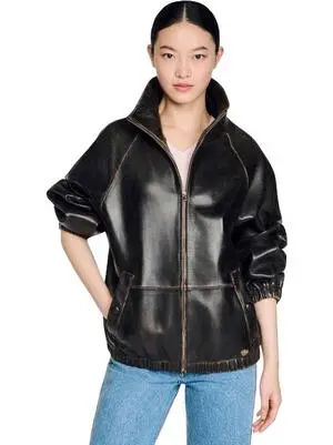 Sandro Oversized Distressed Leather Jacket - Brown