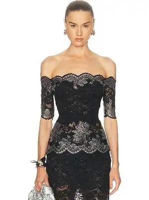 Rabanne Lace Boatneck Top With Studded Detailing - Black