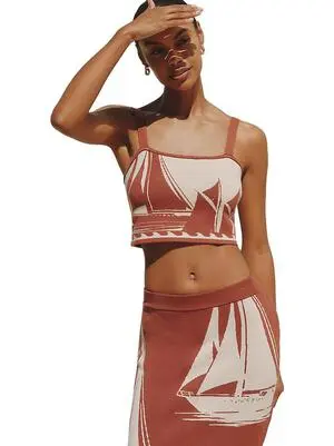 CELANDINE Knit Crop Top Brown Pattern