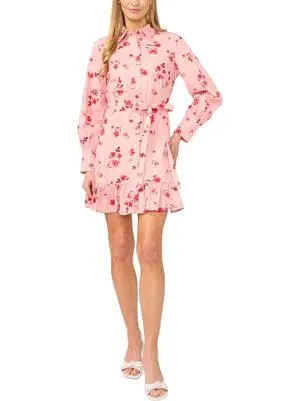 CECE DUPRAZ Floral Print Tie Waist Shirtdress - Coral Bloom