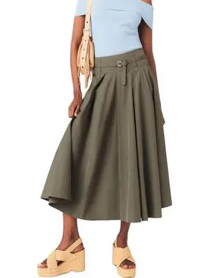 Maje Cotton Pleated Maxi Skirt - Khaki