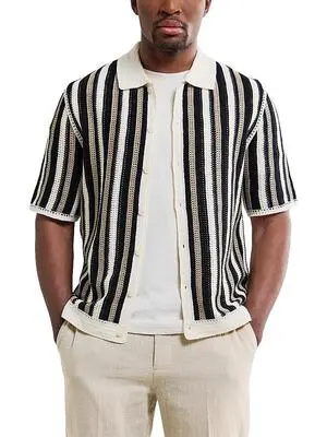 WAX LONDON Porto Stripe Crochet Polo Shirt - Ecru/black
