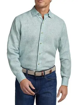 David Donahue Linen Check Shirt - White/ Green