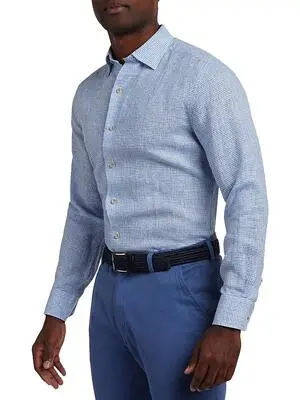 David Donahue Linen Check Shirt - Whute/ Navy