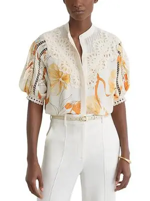 REISS Eyelet Lace Trim Blouse - Ivory/pink