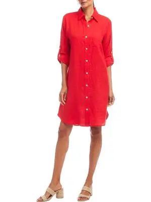 Karen Kane Long Sleeve Linen Shirt Dress Cherry