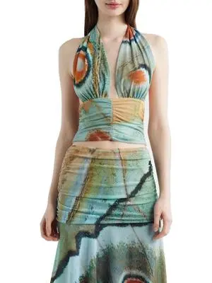 FENERS Festa Print Plunge Halter Neck Crop Top - Marbre