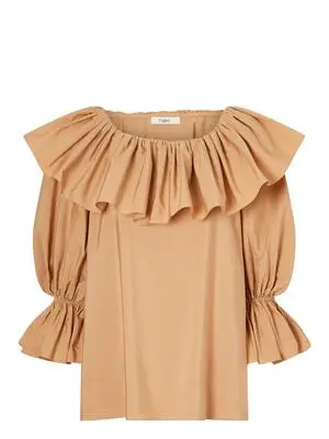 Chloé Ruffled Cotton-Poplin Top Neutrals