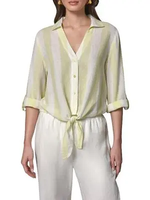 Donna Karan New York Yarn Dye Stripe Crop Linen Blend Button-up Shirt - Limoncel/c