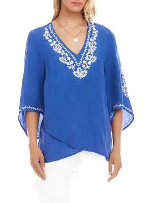 Karen Kane Embroidered Asymmetric Hem Linen Blend Top - Blue