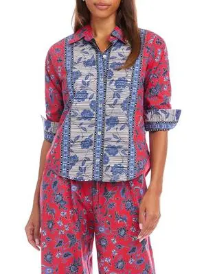 Karen Kane Floral Cotton Button-up Shirt - Red