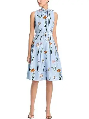 Rickie Freeman For Teri Jon Cotton Print Tie Neck Dress - Light Blue Multi