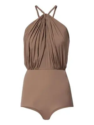 Elie Saab Gathered Silk Georgette Bodysuit - Brown