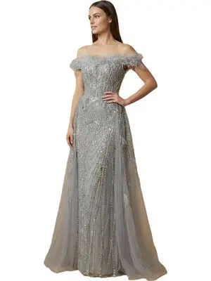 LARA NEW YORK Off Shoulder Gown With Feathers And Rhinestones - Slate