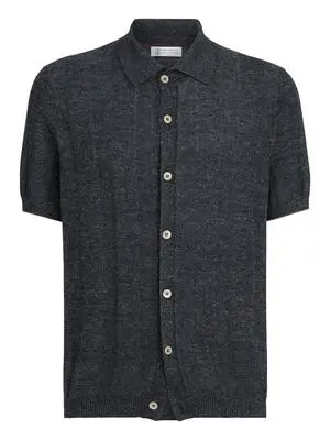 Brunello Cucinelli Rib Knit Linen-cotton Polo Sweater - Black