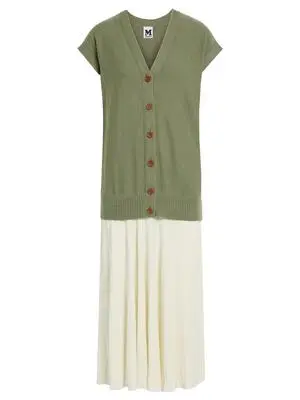 Missoni Layered Wool And Pleated Velvet Midi Dress - Army Green
