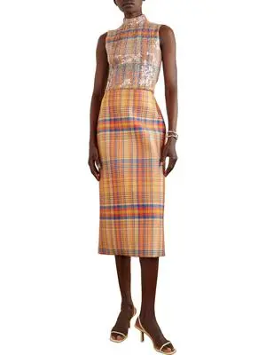 Brandon Maxwell Mercer Checked Wool And Silk-blend Mikado Midi Skirt Multi
