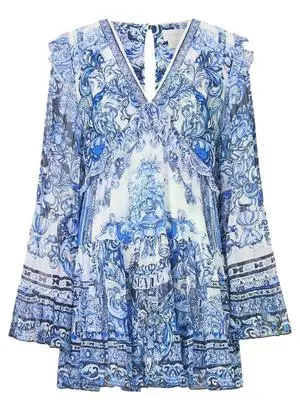 Camilla A Tiled Wonderland Ruffled Tiered Mini Dress - Blue