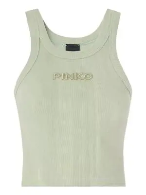 Pinko Cropped Ribbed Cotton Vest Top With Embroidered Logo - Green