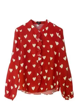 R13 Heart Print Ruffle Blouse - Red