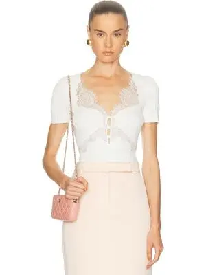 SELF-PORTRAIT Lace Trim Knit Top - White