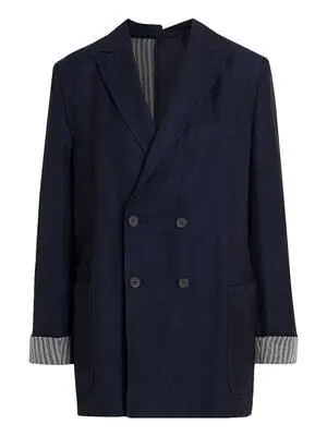 BETTTER Double-breasted Wool, Linen, And Silk-blend Blazer - Navy