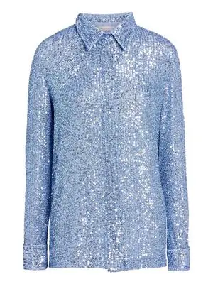 Naeem Khan Sequined Stretch-Tulle Shirt Light Blue