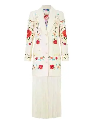 Camilla Floral-embroidered Blazer With Fringing - Neutrals
