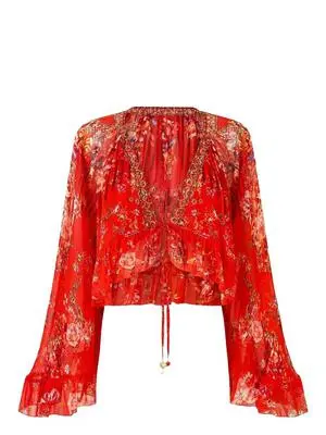 Camilla Cropped Ruffled Blouse - Red