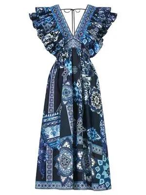 Camilla A Tiled Wonderland Ruffled Midi Dress - Blue