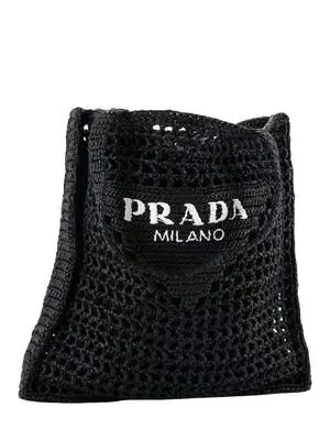 Prada Triangle Logo Open Raffia Tote Bag - Black