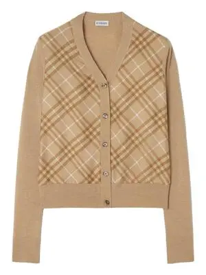 Burberry Check Panel Wool Silk Cardigan - Camel