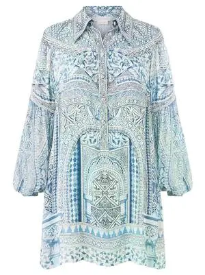 Camilla The Hum Of The Alhambra Blouson-sleeve Shirt Mini Dress - Blue