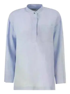 Max Mara Linen Polo Top With Mandarin Collar And Patch Pocket - Blue