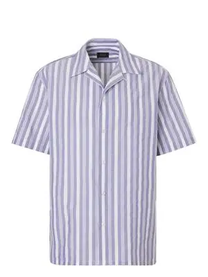 Brioni Striped Cotton Poplin Bowling Shirt Blue