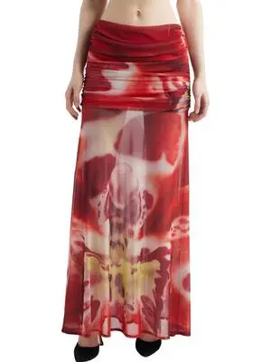 FENERS Susurro Print Ruched Mesh Maxi Skirt - Blush