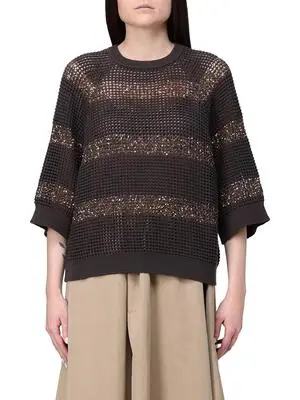 Brunello Cucinelli Sequined Striped Knit Sweater - Mud