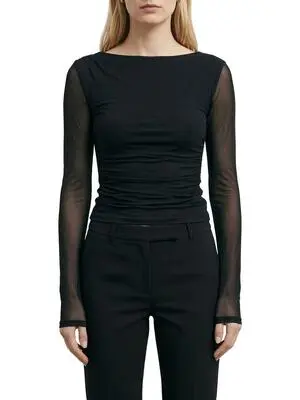 Patrizia Pepe Long Sleeve Sheer Mesh Top - Black