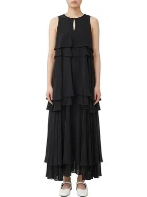 AMI Paris Silk Blend Maxi Dress With Ruffles And Embroidery - Black