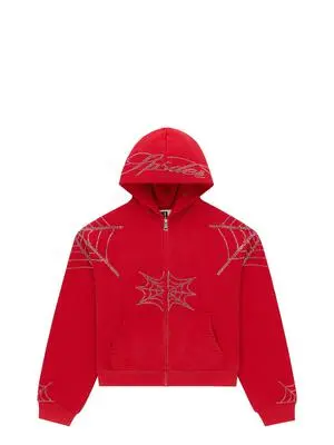 SP5DER Rhinestone Web Zip Up Hoodie - Red