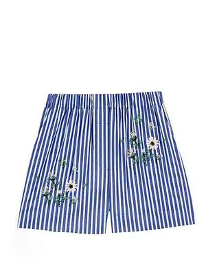 Maje Striped Floral-embroidered Cotton-blend Shorts - White/blue