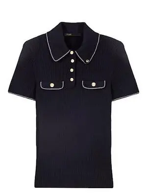 Maje Short-sleeved Ribbed Knitted Polo Shirt - Navy
